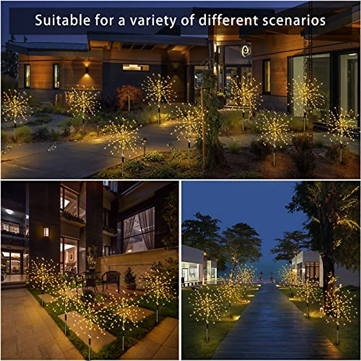 Outdoor Solar Garden Lights, 4 Pack Christmas Solar Firework Lights Waterproof 8 Modes Decorative Stake Landscape Lights DIY Flowers Fireworks for Garden Pathway Lawn Party (Warm)