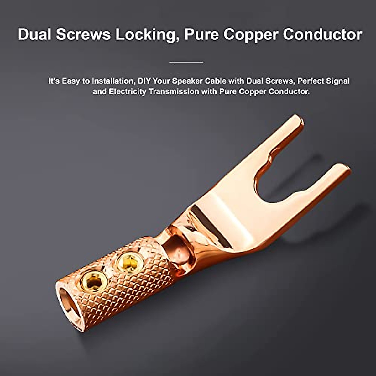 Speaker Spade Plug Connectors, Screw Locking Speaker Wire Connector with Allen Wrench+Heat Shrink Tubing, Fork Y Spade Lugs 45 Degree for Speaker Wire DIY 4PCS (Pure Copper Knurled Style)