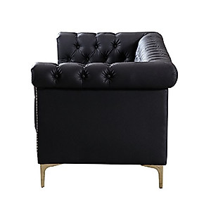 Iconic Home Winston Modern Tufted Gold Nail Head Trim Black PU Leather Sofa with Gold Tone Metal Y-Legs