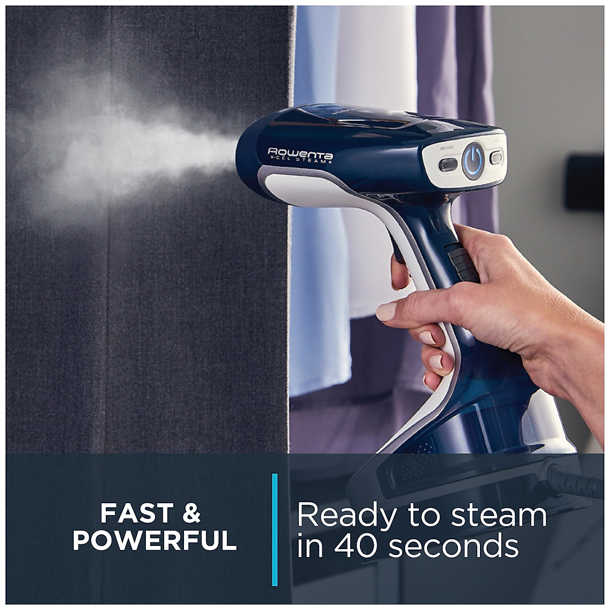 Rowenta DR8120 X-Cel Powerful Handheld Garment and Fabric Steamer Stainless Steel Heated Soleplate with 2 Steam Options, 1600-Watts, White/Blue
