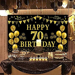 Trgowaul 70th Birthday Backdrop Gold and Black 5.9 X 3.6 Fts Happy Birthday Party Decorations Banner for Women Men Photography Supplies Background Happy Birthday Decoration