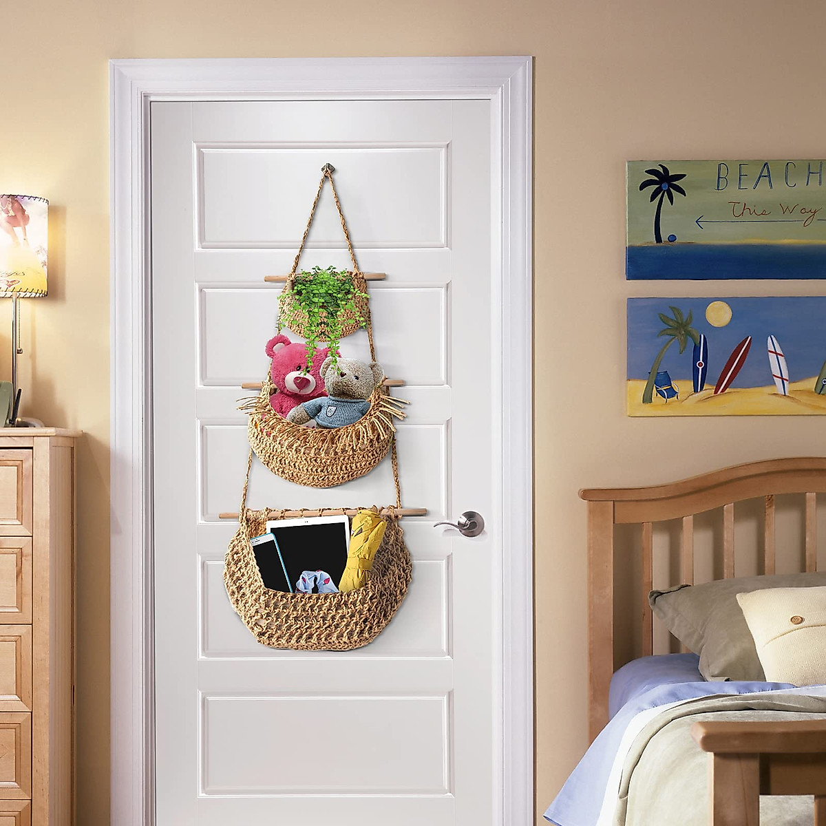 Hanging Fruit Basket, Handmade 3-Tier Jute Woven Wall Basket, BOHO Kitchen Wall Decor for Organizing, Storage Basket for Kitchen Living & Bathroom Bedroom