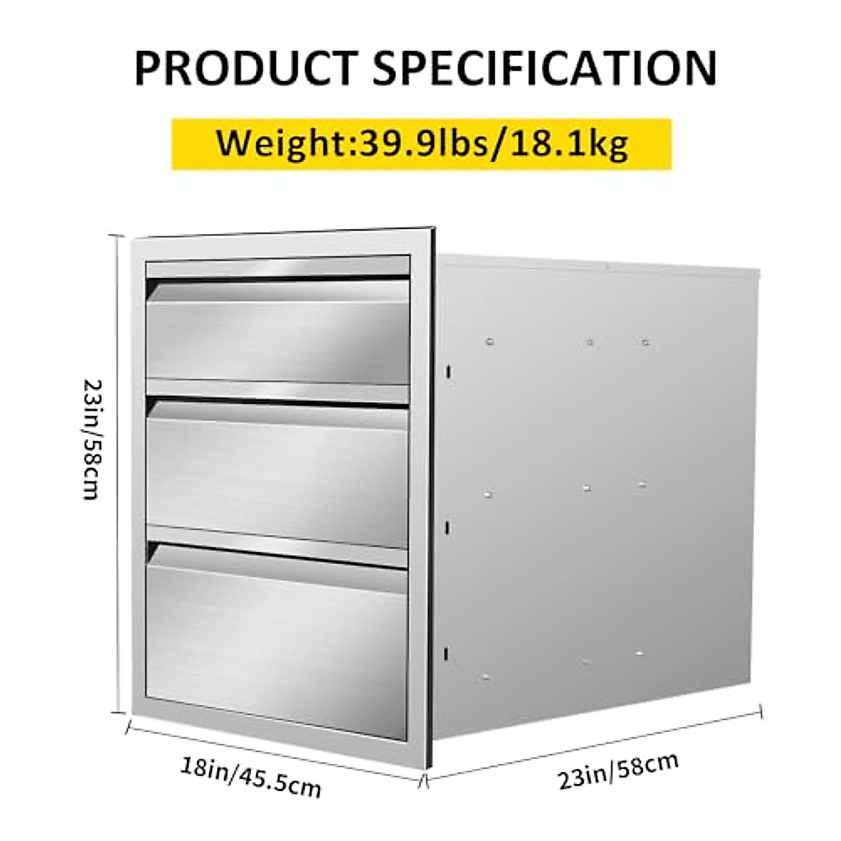 SGOLAN Outdoor Kitchen Drawers 18" W x 23" H x 23" D Flush Mount Triple BBQ Drawers with Hidden Handle Stainless Steel Drawer for Outdoor Kitchen Island, Patio Grill Station