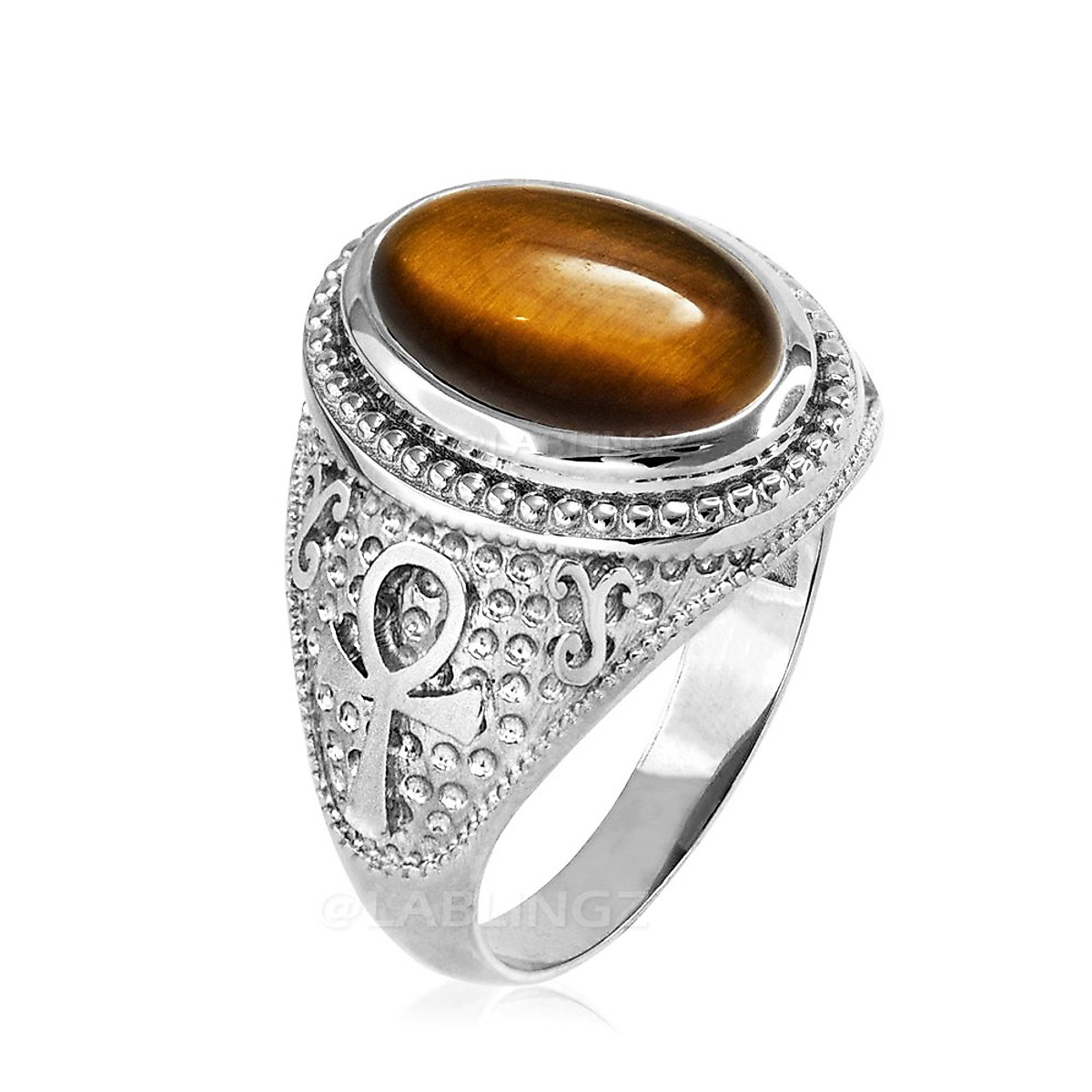 Sterling Silver Egyptian Ankh Cross Tiger Eye Gemstone Ring (10.5)