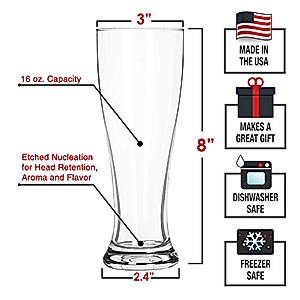 USA Made Nucleated Pilsner Glasses- Etched Beer Glass for Better Head Retention, Aroma and Flavor - 16 oz Craft Beer Glasses for Beer Drinking Bliss - 4 Pack