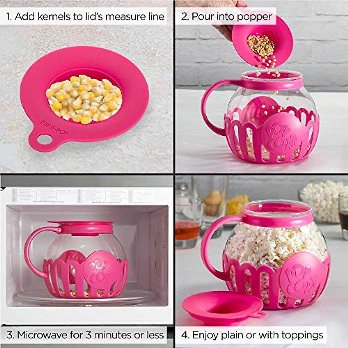 Ecolution Patented Micro-Pop Microwave Popcorn Popper with Temperature Safe Glass, 3-in-1 Lid Measures Kernels and Melts Butter, Made Without BPA, Dishwasher Safe, 3-Quart, Hot Pink