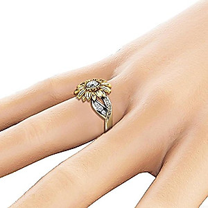 Baralonly Sunflower Rings for Women, 2021 Exquisite Women's Two Tone Silver Floral Ring Diamond Gold Sunflower Jewel Engagement Jewelry for Girlfriends Mother Gift