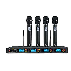 PRORECK MX44 4-Channel UHF Wireless Microphone System with 4 Hand-held Microphones Karaoke Machine for Party/Wedding/Church/Conference/Speech