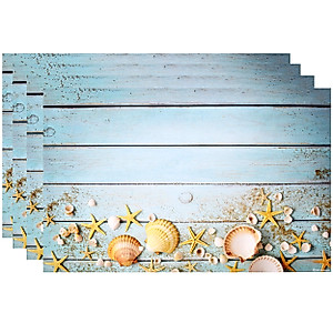 Gift Boutique Disposable Beach Seashell Starfish Paper Mat 50 Pack 11" x 17" Rectangle Summer Nautical Coated Placemat for Blue Sky Ocean Seaside Sand Wood Coastal Table Mat Dinner Party Décor