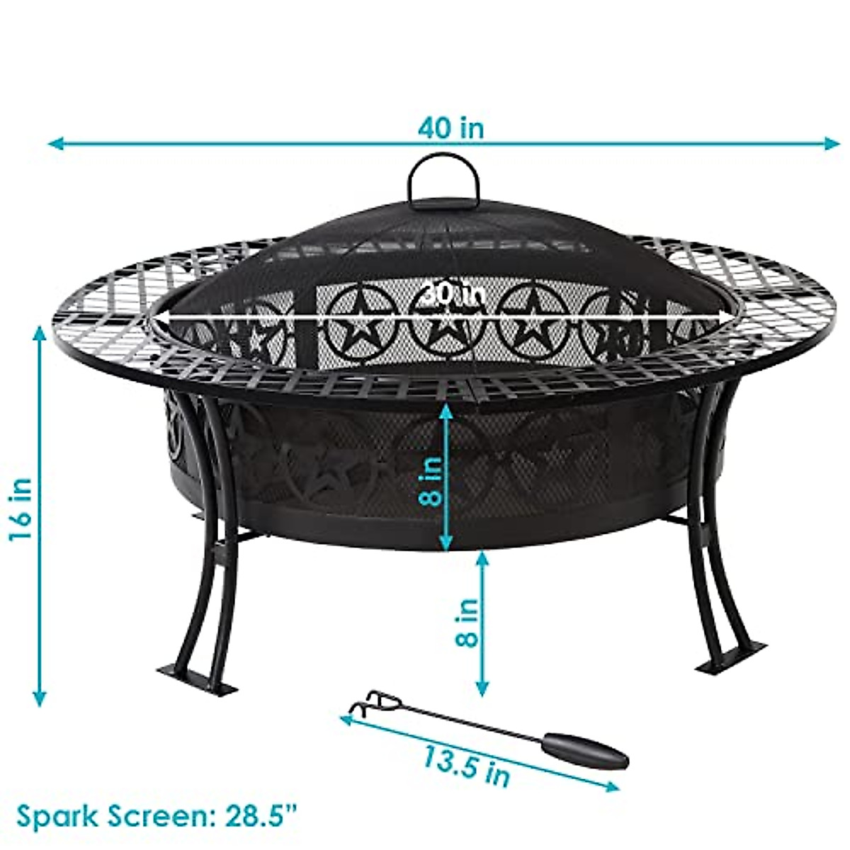 Sunnydaze 40-Inch Round Steel Fire Pit Table with Durable Spark Screen and Poker - Portable Design - Black - Four Star