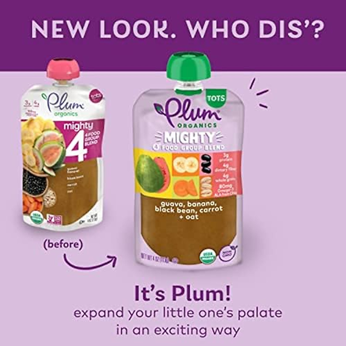Plum Organics Mighty 4 Organic Toddler Food - Guava, Banana, Black Bean, Carrot, and Oat - 4 oz Pouch (Pack of 12) - Organic Fruit and Vegetable Toddler Food Pouch
