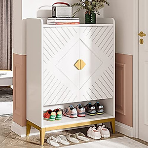 Tribesigns Shoe Cabinet with Doors, 25 Pair Shoe Storage Cabinet with Adjustable Shelves, 6-Tier Modern Wooden Shoe Rack Organizer Cabinet for Entryway, Hallway, Closet, Living Room, White and Gold
