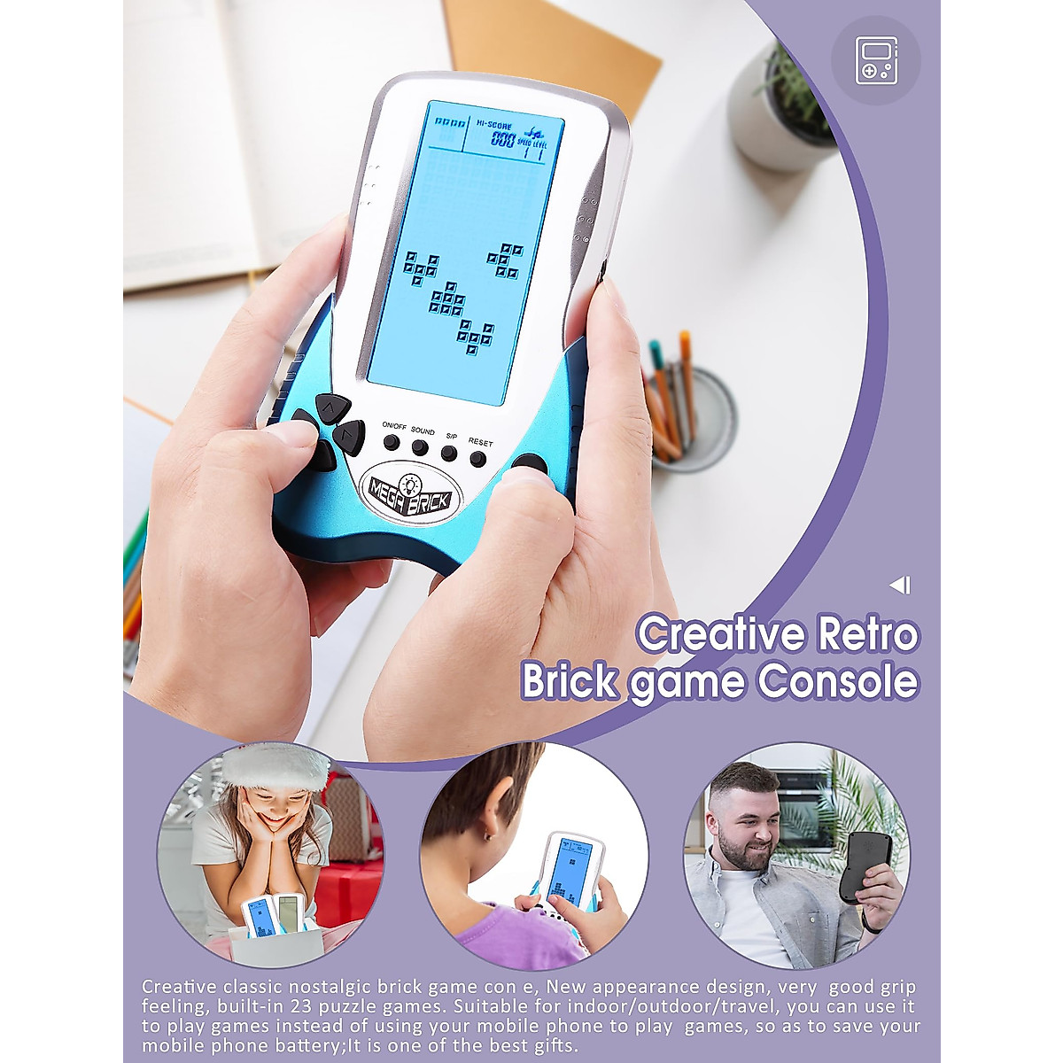 HLF New Retro Block Brick Game Console Large Screen Blue Backlight Brightness can be Adjusted Build in 23 Game Compatible with Lithium Battery/AAA Batteries can Plug in Headphone (Blue)