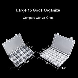 Snowkingdom Large 15 Grid Clear Organizer Box Adjustable Dividers - Plastic Compartment Storage Container for Washi Tapes, Craft, Beads, Jewelry, Small Parts