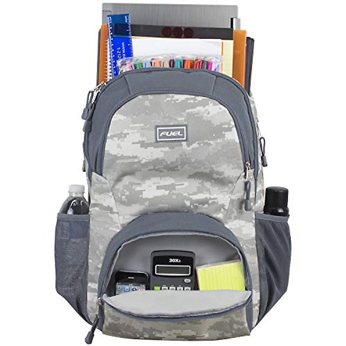FUEL Travel Commuter Laptop Daypack Large Bag Backpack, Fits 17.5" Laptop, Interior Tech Sleeve, Grey Camouflage