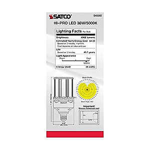 Satco S49392 Corncob LED HID Light Bulb, Medium Base, 36W, 35000 Hour Rating, 4968L, Natural Light