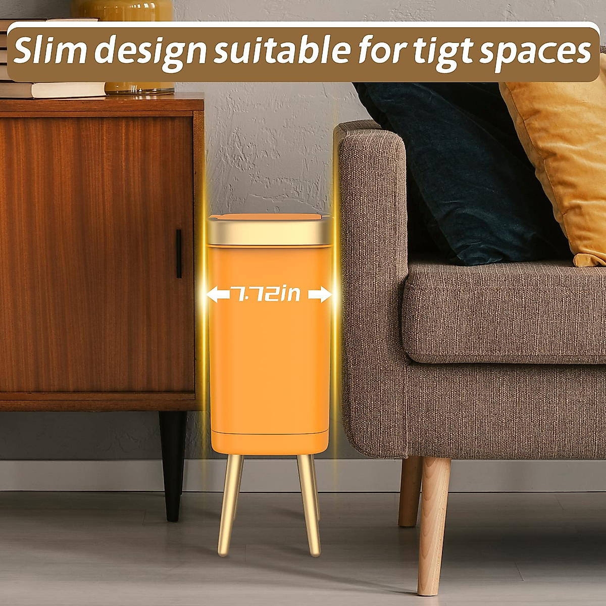 Bedroom Trash Can with Lid,Slim Bathroom Cans Lids, Dog Proof Press Top Lid,Modern Gold Plastic Waste Basket for Living Room, Office,Kitchen, 4 Gal-Orange