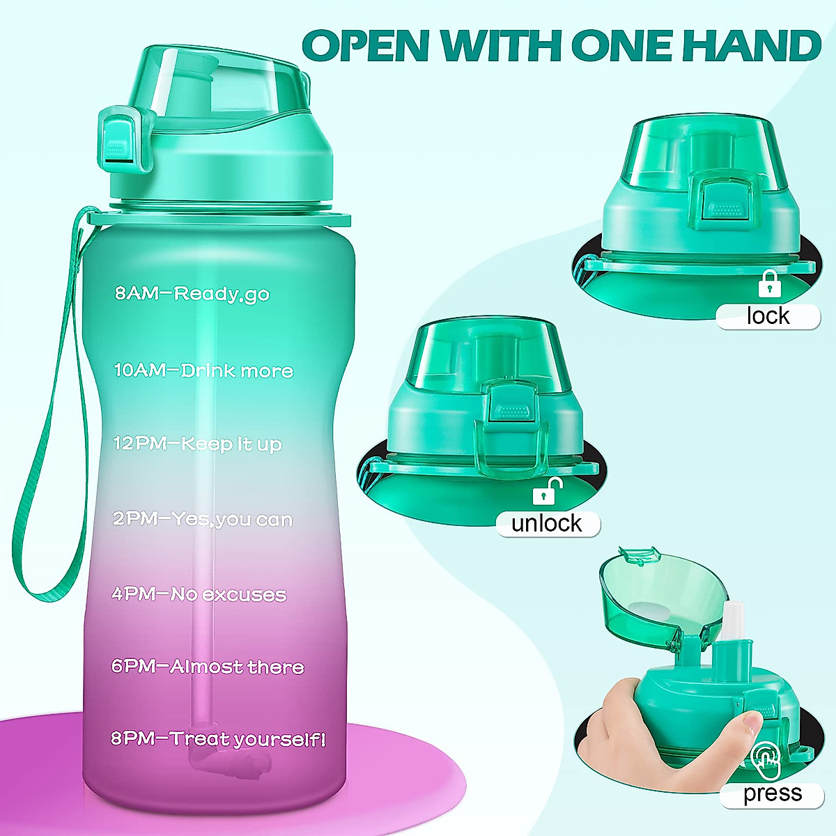 4AMinLA Motivational Water Bottle 2.2L/64oz Half Gallon Jug with Straw and Time Marker Large Capacity Leakproof BPA Free Fitness Sports Water Bottle