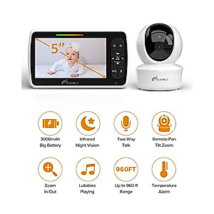 Baby Monitor – 5” Large Display Video Baby Monitor with Remote Pan-Tilt-Zoom |Infrared Night Vision, Temperature Display, Lullaby, Two Way Audio |960ft Range Baby Monitor with Camera and Audio