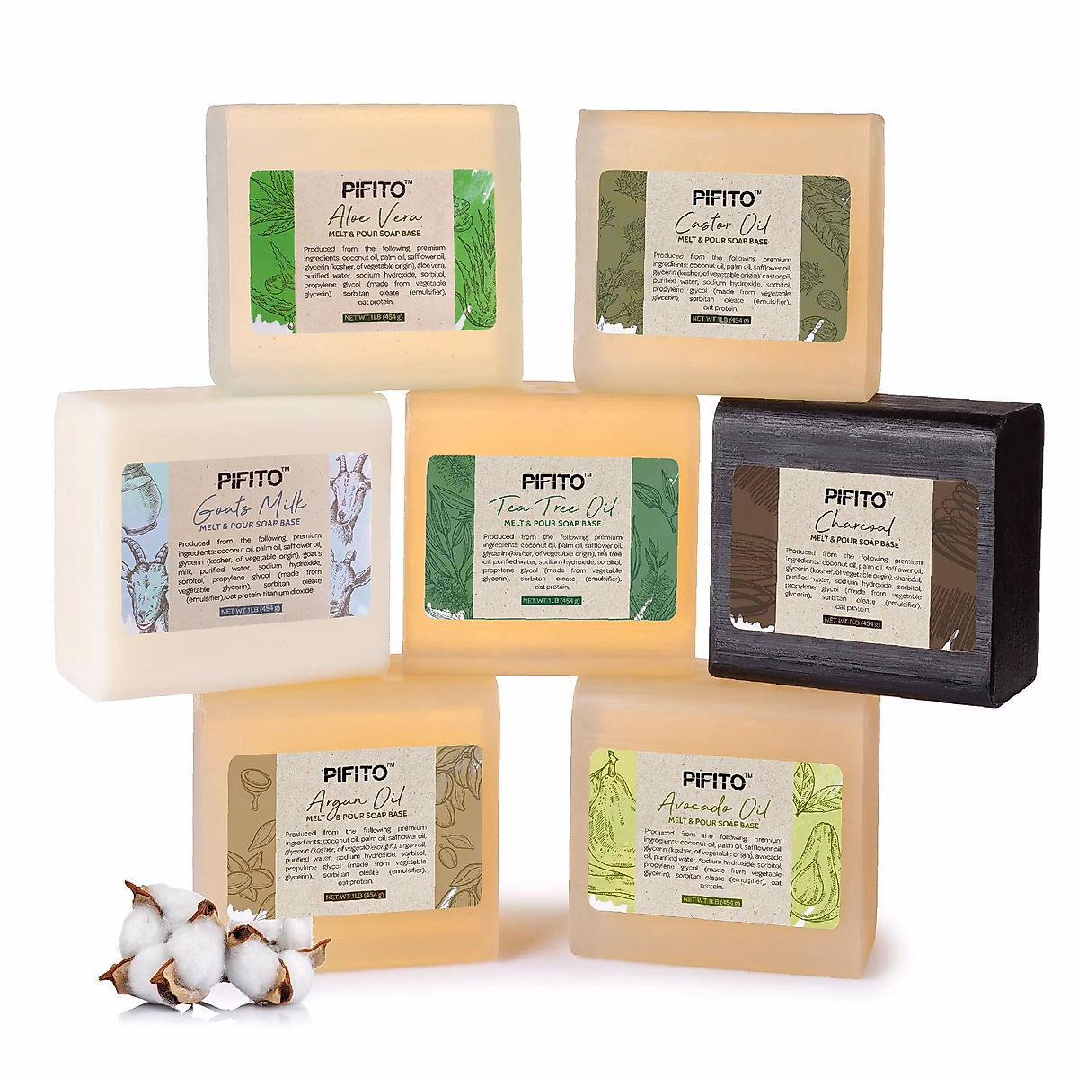Pifito Melt and Pour Soap Base Sampler (7 lbs) │ Assortment of 7 Bases (1lb ea) │ Argan Oil, Avocado Oil, Castor Oil, Charcoal, Tea Tree Oil, Goats Milk, Aloe Vera │ Glycerin Soap Making Supplies