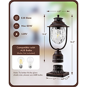 EDISHINE Dusk to Dawn Outdoor Post Light, Pole Light Fixture with Pier Mount Base, Waterproof Exterior Lamp Post Lantern Head with Water Ripple Glass for Driveway Yard Fence Garden Patio, Bronze