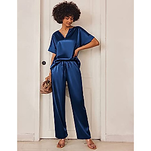 Ekouaer Women's Satin Pajamas Set Soft Short Sleeve Loungewear Two Piece Silky Long Pant Pjs Set Navy Blue