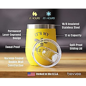 Bee Day - Funny Birthday Wine Tumbler Glass with Sliding Lid - Stainless Steel Insulated Mug - Bumblebee Bday Party Décor - Yellow