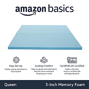 Amazon Basics Cooling Gel-Infused Memory Foam Mattress Topper, CertiPUR-US Certified, 3 Inches, Queen, Blue