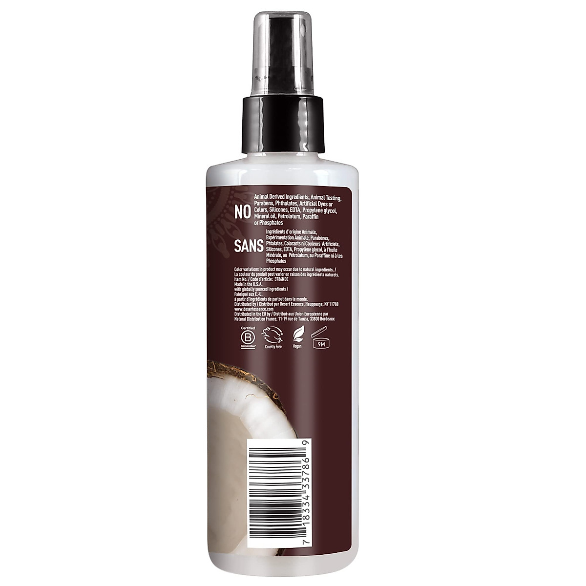 Desert Essence Coconut Hair Defrizzer & Heat Protector 8 fl oz - Gluten Free, Vegan, Cruelty Free - Coconut Oil & Jojoba Seed Extract - Protects Hair from Heat & Styling Damage