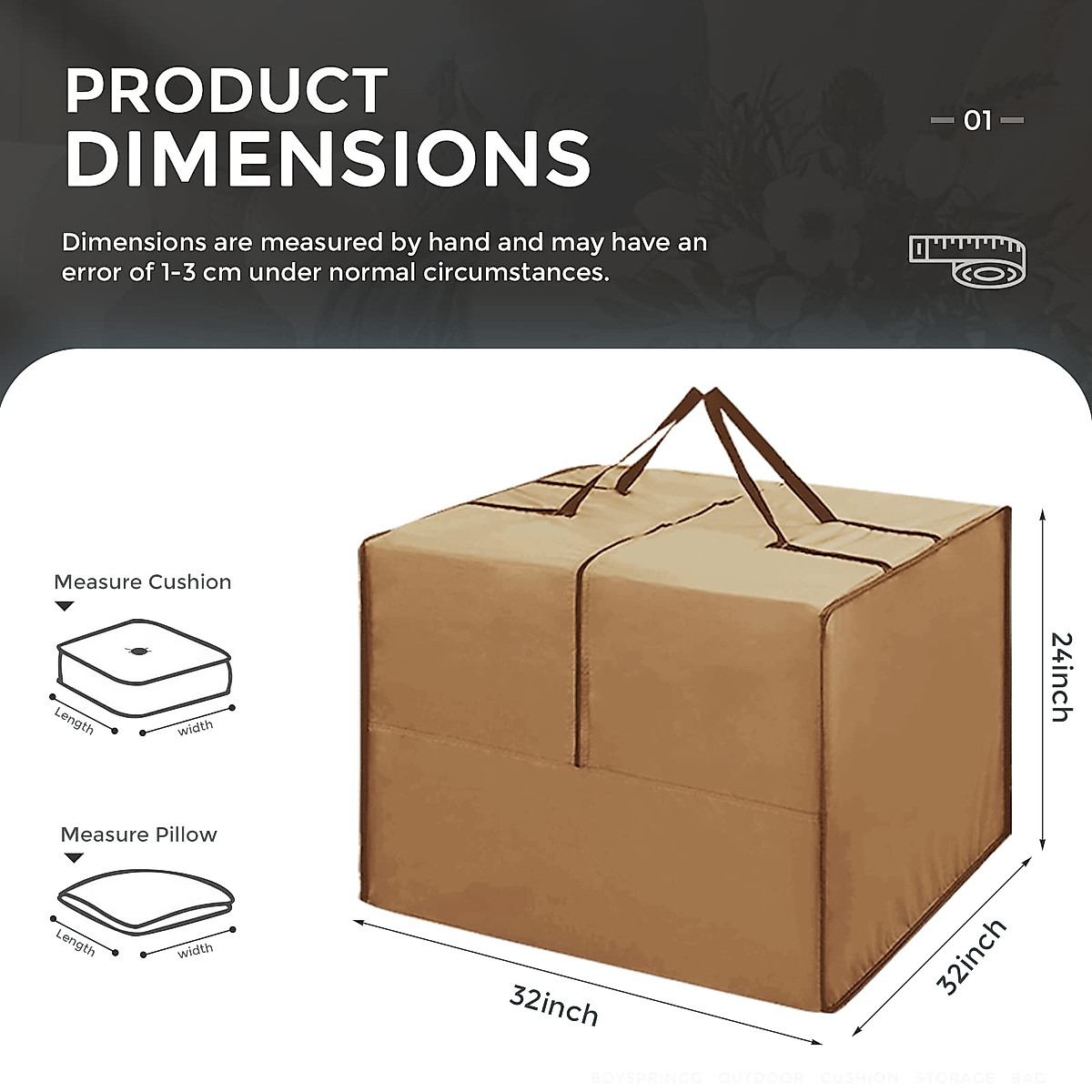 boyspringg Outdoor Cushion Storage Bag, 420D Waterproof Fabric, Outdoor Cushion Storage, 32'' x 32'' x 24'', Patio Cushion Storage Bag for Outdoor Furniture,Cushion,Pillow etc.（Brown）