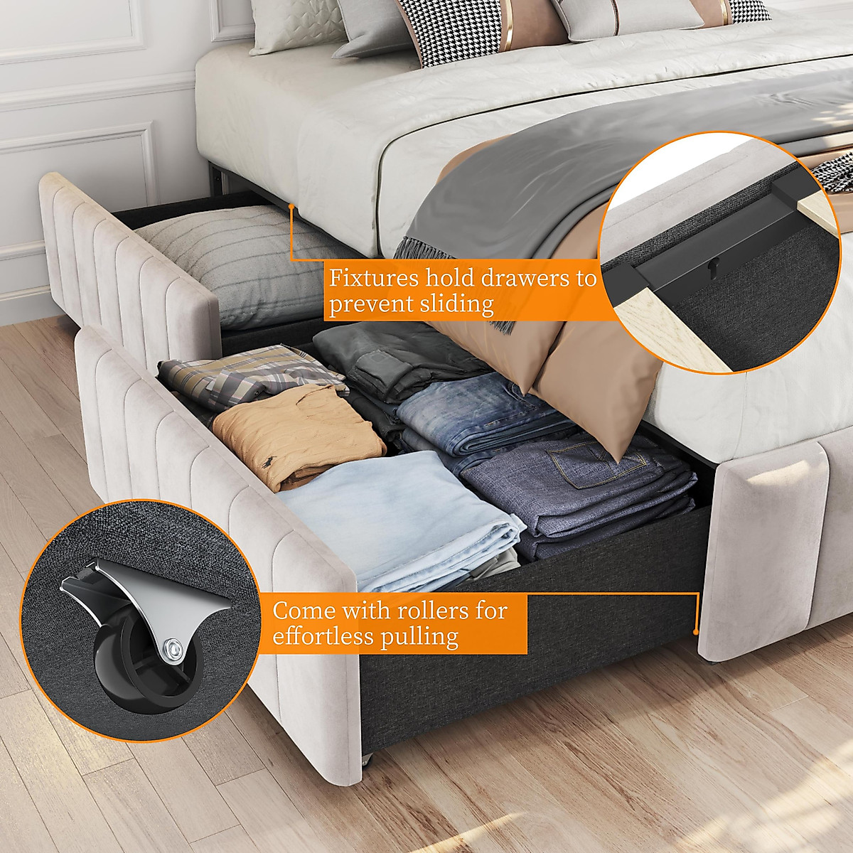 Yaheetech King Bed Frame Upholstered Platform Bed with 4 Storage Drawers, Large Storage Space/Strong Wooden Slats/Non-Slip and Noise-Free/No Fixed Headboard/No Box Spring Needed/Beige King Bed