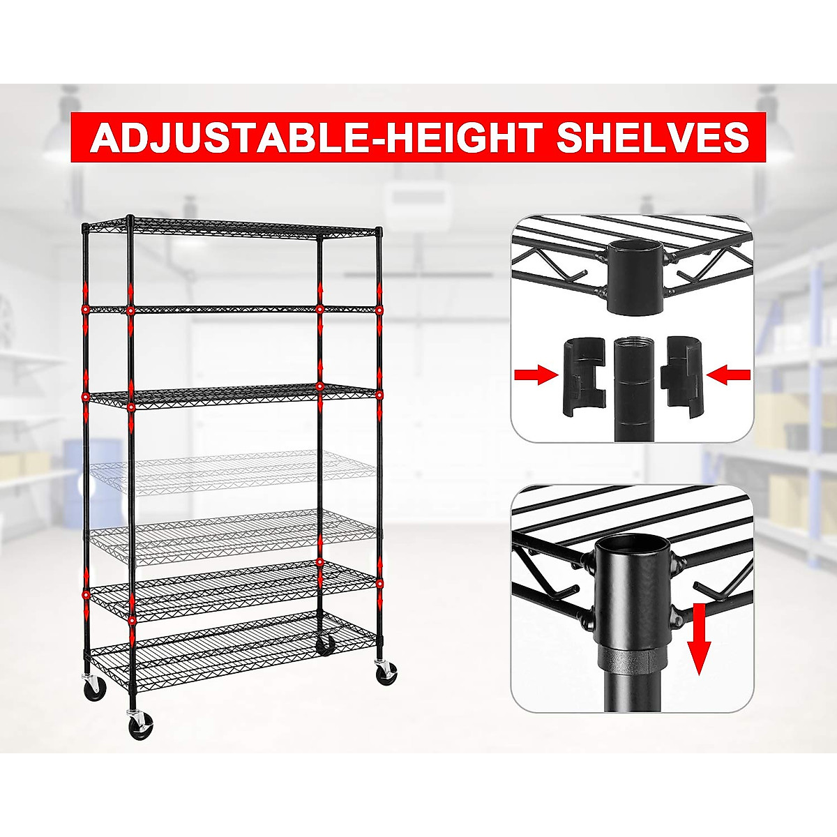 FDW 48" L×18" W×76" H Wire Shelving Unit Metal Shelf with 6 Tier Casters Adjustable Layer Rack Strong Steel for Restaurant Garage Pantry Kitchen Garage,Black