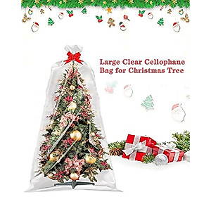 JOYIT 10 Pack Clear Cellophane Bags Large (35 in x 55 in) - 3 Mil Thicker Clear Cellophane Wrap for Gift Baskets, Opp Clear Plastic Gift Bags with Red Bows Ribbons