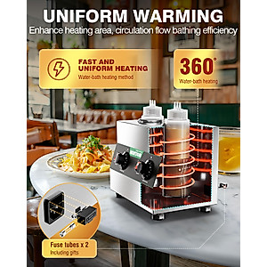 WantJoin Electric Sauce Warmer Dispenser - Countertop Stainless Steel Sauce Heat Preservation Machine 320W Hot Fudge Nacho Cheese Ketchup Chocolate Warmer for Commercial with 650ml Squeeze Bottle*2