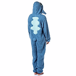 Disney Lilo And Stitch Adult Unisex Stitch Costume Sherpa Fleece One Piece Pajama Union Suit (Large) Blue