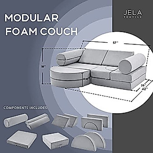 jela Kids Couch 14PCS Luxury, Floor Sofa Modular Furniture for Adults, Playhouse Play Set for Toddlers Babies, Foam Play Couch (Moonlight Grey, 57"x28"x18")