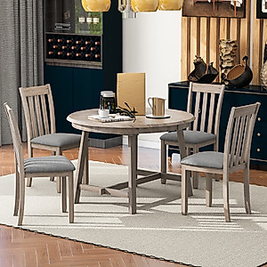 P PURLOVE Extendable Dining Table Set for 4 Persons, 5 Piece Round Dining Table Set with Extendable Dining Table and 4 Upholstered Dining Chairs for Kitchen Dining Room
