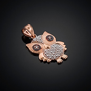 Fine 14k Two-Tone Rose Gold Diamond Owl Charm Pendant