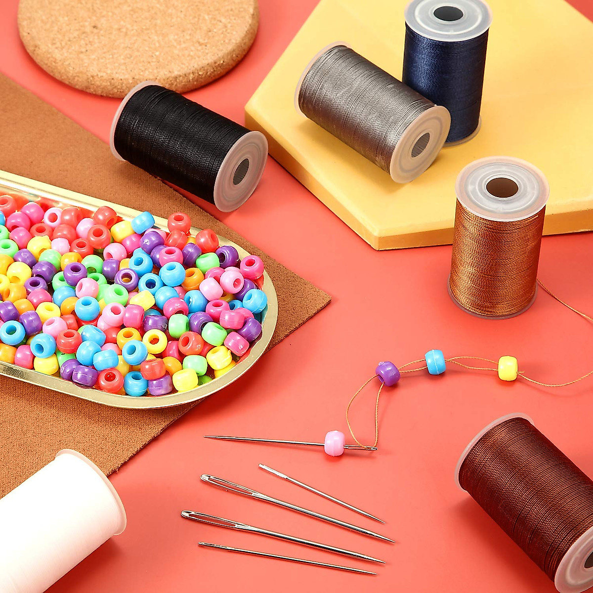 6 Rolls Strong Upholstery Thread High Strength Sewing Waxed Thread with Hand Stitching Needle Set for Denim Leather Craft DIY Machine (White, Black, Light Grey, Dark Blue, Khaki, Coffee, 0.55 mm)