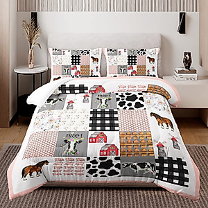 HOSIMA Cow Bedding Set,Farmhouse Comforter Western Country Style Room Decor Aesthetic,Cute Cartoon Farm Animal Pig Cow Horse Twin Bedding Sets for Girls Boys,Pink White Grid Comforter.