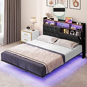 YITAHOME Queen Size Floating Bed Frame with LED Lights, Platform Bed Frame with USB & Type C Ports Button Tufted Headboard, Upholstered Bed Frame with Bag, No Box Spring Needed, Noise Free, Black