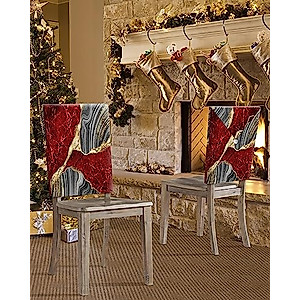 Abstract Chair Back Cover for Dining Room,Santa Hat Chair Slipcovers Set of 4, Burgundy Red Golden Gray Marble Washable Kitchen Chair Back Covers for Home Dinner Party Events Modern Fluid