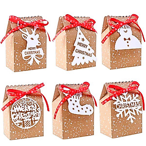 CCINEE 24PCS Bulk Christmas Goodies Bags,Kraft Holiday Gift Bags Christmas Gift Bags with Tags Snowflake Ribbons for Christmas Party Supplies