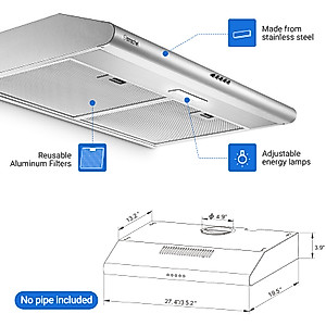 AMZCHEF Under Cabinet Range Hood 30 Inch, 250CFM Stainless Steel Kitchen Stove Vent Hood 3 Speed Exhaust Fan Button Control LED lights Dishwasher-Safe Aluminum Filters with Charcoal Filter