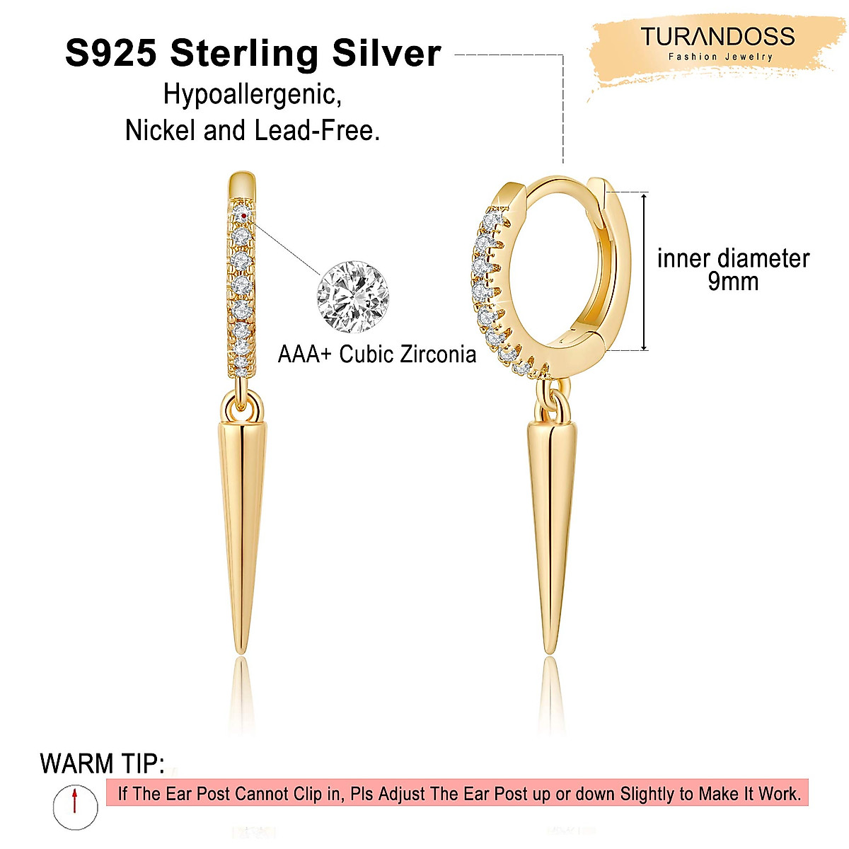 Gold Spike Earrings Huggie Hoop, 14K Gold Plated Dangle Hoop Earrings for Women Hypoallergenic Huggie Hoop Earrings Geometric Triangle Cone Dangle Earrings