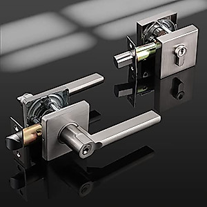 Brotima 5 Pack Square Heavy Duty Keyed Alike Front Door Entry Lever Lockset and Double Cylinder Deadbolt Combination Set with Same Key, Satin Nickel Finish, Reversible for Right/Left Hand