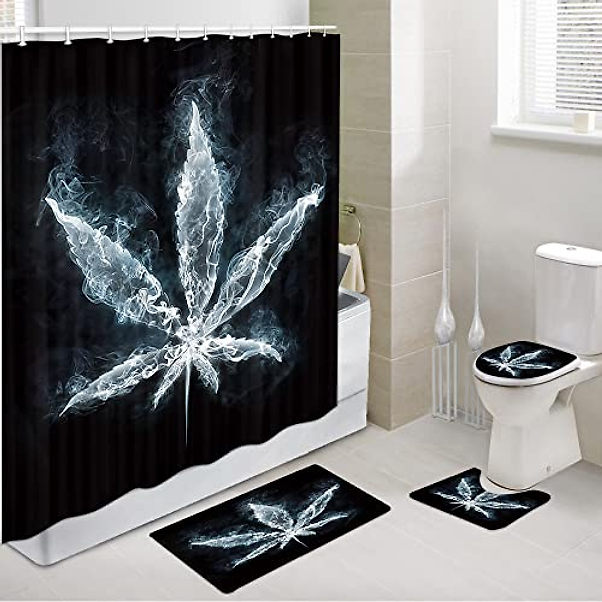 Uokiuki Weed Shower Curtain Set with Hooks, Bathroom Sets with Shower Curtain and Rugs, Toilet Lid Cover and Bath Mat, Marijuana in Smoke Bathroom Shower Curtain Sets