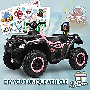 Joywhale 12V 2 Seater Kids Ride on ATV Car Battery Powered Electric Quad for Kids Ages 3-8, with DIY Sticker, 7AH Battery, Metal Suspension, Bright Headlights, Music, FM, Rear Pedal & Backrest, Pink
