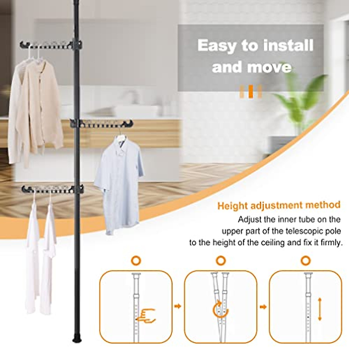 Hershii Telescopic Clothing Rack for Hanging Clothes Laundry Tension Pole 4 Tiers Coat Tree Garment Drying Stand Floor to Ceiling Corner Storage Organizer Holder for Indoor, Balcony - Black