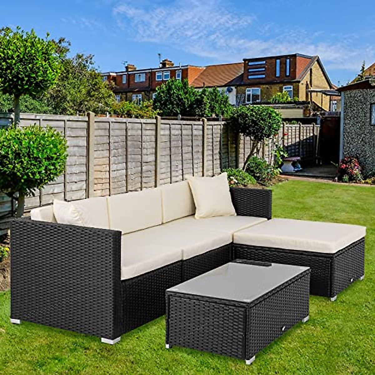 CharaVector Patio Furniture Set, Outdoor Sectional Rattan Sofa Wicker Conversation Couch Set 5 Pieces with Pillows&Coffee Table&Thick Cushions for Backyard Garden Poolside